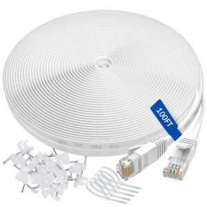 udaton cat 6 ethernet cable 100 ft, high speed flat ethernet cable 100ft, rj45 internet computer lan cable, cat 6 long ethernet cable for ps4,box,gaming switch-white(free cable clips and straps)