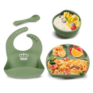 plates and bowls sets for baby/kids, 4 pack baby feeding supplies with suction bowl＆divided plate＆adjustable bib＆soft spoon-bpa free-easily clean infant training eating utensil (green)