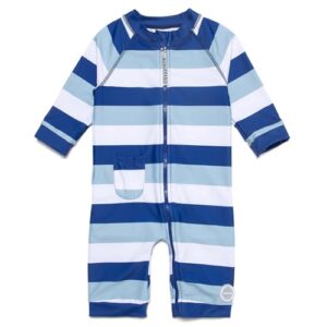 bonverano baby boy swimsuit full front zip sunsuit upf50+ one piece long sleeve with sun protection(blue and white,4t)