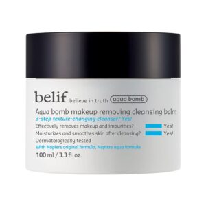 belif aqua bomb cleansing balm makeup remover, hydrate & deep cleanse in 1 step, no mess clean up, melt away makeup & spf, balm to oil cleanser formula, no oily residue, korean skin care