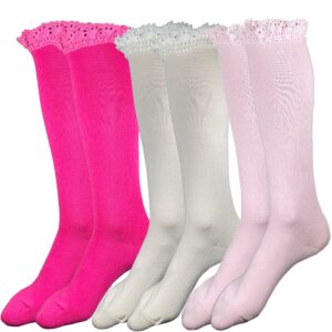 judanzy baby and girls knee high lace top socks (6-10 years, hot pink, cream, and light pink)