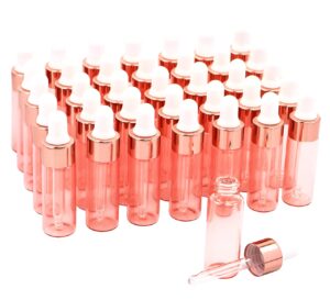 usrommaner 35 pack,5ml pink glass essential oil sample dropper bottle,empty glass dropper vials with rose-gold cap,glass pipette liquid travel perfume holder jar container-pipette,funnel,included