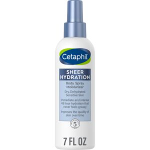 cetaphil sheer hydration fragrance free body moisturizer spray, 7 fl oz, 48hr sensitive skin spray body lotion for dry skin, with hyaluronic acid, vitamin e & vitamin b5