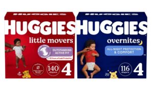 huggies little movers + overnites bundle: huggies little movers baby diapers, size 4 (22-37 lbs), 140ct (2 packs of 70) & huggies overnites overnight diapers, size 4 (22-37 lbs), 116ct (2 packs of 58)