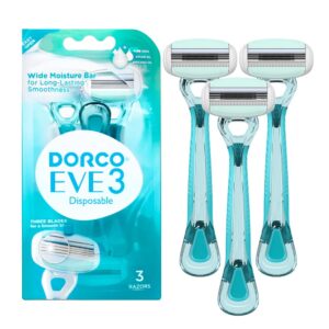 dorco eve 3 women's disposable razors smooth touch | wide moisture bar, 3 blades for smooth shave | multipurpose hair remover | 1 pack (3 count)