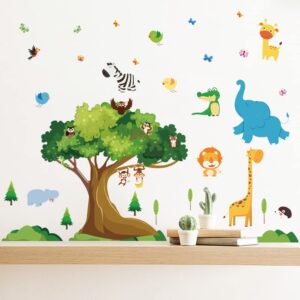 runtoo jungle animals wall decals monkey elephant forest tree wall stickers for kids bedroom baby nursery wall decor