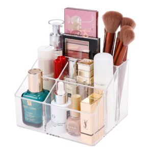 yesesion clear makeup organizer with 5 compartments, plastic bathroom counter storage for skincare, toothbrush, cosmetics brushes, palette, lipsticks, hair accessories holder for vanity dresser