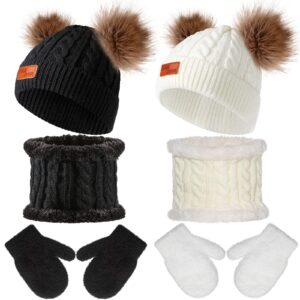 6 pcs toddler winter hat and gloves set with neck warmer kids pompom hat knitted beanie mittens for baby boys girls 0-4 year(black, white)