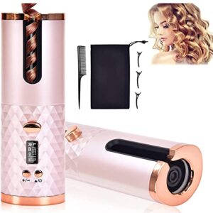 automatic curling iron, cordless ceramic barrel wave wand, portable cordless auto hair curler with 4 temps & 3 timers, fast heating rotating rotating curling for long & short hair, travel & home use