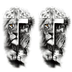 oottati 2 sheets realistic animal temporary tattoos stickers forest lion jesus cross old school designs for men waterproof arm leg fake body art, gym & parties bold masculine decals