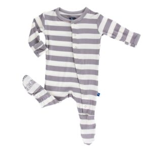 kickee pants essentials print footies with snaps, super soft one-piece jammies, sleepwear for babies (feather contrast stripe - 3-6 months)