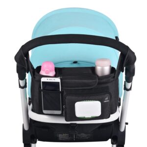 hakofrik universal baby stroller organizer, stroller caddy with 2 insulated cup holders fits almost all stroller and pushchair. easy access wipe holder, free shoulder strap with soft cushion.