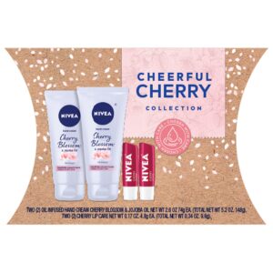 nivea cheerful cherry gift set, nivea hand cream with jojoba oil (2 x 2.6 oz) + cherry lip care lip balm sticks (2 x 0.17 oz)