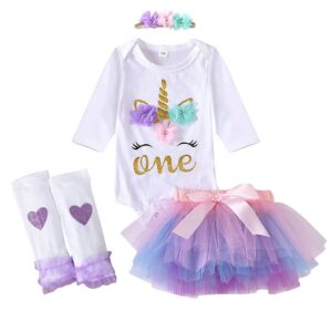 xifamniy baby girl 1st birthday outfit 1 year unicorn onesie tutu dress headband legging socks