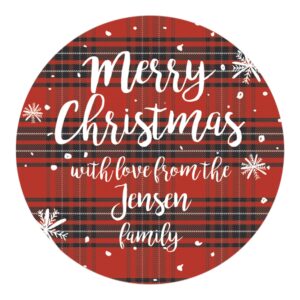 personalized plaid merry christmas round labels - 40 stickers - red and black peel and stick custom gift wrap tags – sellf adhesive christmas plaid stickers