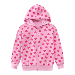 fedpop kids girls zip-up jacket toddler hoodies long sleeve heart print hooded sweatshirt cute sweater cotton tee shirt top fall winter clothes valentine's day shirts for girls size 7