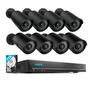 reolink 8ch 5mp black security camera system, 8pcs person/vehicle detection smart 5mp wired outdoor poe ip cameras, 8mp 8-channel nvr with 2tb hdd for 24/7 recording, bundle with rlc-510a black