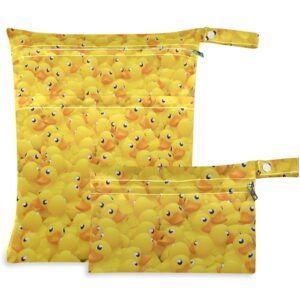 visesunny yellow duck toy 2pcs wet bag with zippered pockets washable reusable roomy diaper bag for travel,beach,daycare,stroller,diapers,dirty gym clothes,wet swimsuits,toiletries