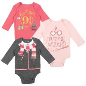 harry potter hermione baby girls 3 pack bodysuit red/pink/heather grey 12 months