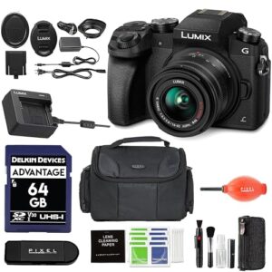 panasonic lumix g7 4k digital camera, with lumix g vario 14-42mm mega o.i.s. lens, advanced accessory and travel bundle (3 years panasonic warranty) (black)