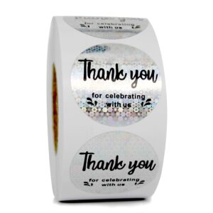 bokinyoung thank you for celebrating with us sticker roll 500 pcs round rainbow silver foil seal stickers 1.5 inch thank you label