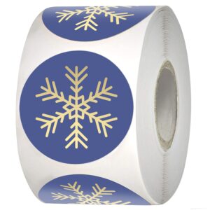 easykart 500 winter snowflake stickers in roll, blue with gold foil design best for christmas party supplies, envelope seals, winter decoration, kids activities, kids classroom parties (1pack)