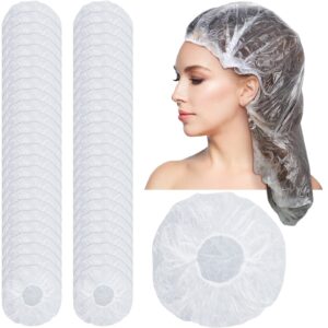 50 pieces lengthen disposable shower caps waterproof clear elastic bath hair caps for women big, thick, long hair, locs, braids, for portable travel, spa, home use, hotel, salon, individually wrapped