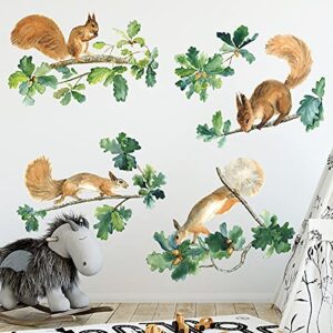 huanle 4 pack cartoon squirrel animal 3d vinyl wall decal realistic green branch squirrel playing art murals removable animal wall stickers for teen girls kids bedroom bathroom home cabinet decor