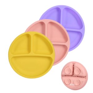 cibeat toddler plates 3 pack, 100% silicone suction plates for babies and toddlers, microwave and dishwasher safe, bpa free, divided design, pink & yellow & purple