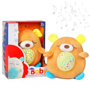 baby sleep soother happy bear - toddler portable sound machine with night light projector - plush toy crib soother with music and lights to aid sleep for newborn