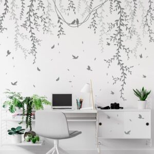 hanging willow branch wall stickers diy grey vine leaf plant wall decals peel and stick grass birds butterfly art mural decortions for kids baby girls nursery bedroom living room offices classroom