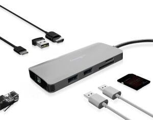 kensington uh1400p 8-in-1 usb-c hub with 85w pass through charging power delivery, 4k 60hz hdmi, ethernet, microsd card, 3 usb-a 3.2 for m1 /m2 macbook pro air, hp, lenovo, ipad pro, silver (k33820ww)