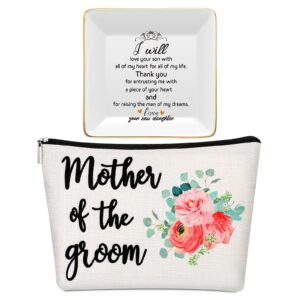 frienda 2 pack mother of the bride groom gifts mother of the bride groom makeup bags and jewelry dish tray bride mother gift canvas cosmetic bag for mom wedding gift(mother of the groom a)