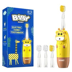 ansauct toddler electric toothbrush, infant toothbrush with smart led timer and sonic baby electric toothbrush includes 3 ultra-soft brush heads, gentle vibration baby toothbrush 6 to 12 months