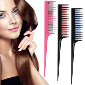 leinuosen 3 pcs triple teasing comb rat tail tool tease layers pintail comb for women back root teaser adding volume structure styling(black and red, black and blue, pink and black)