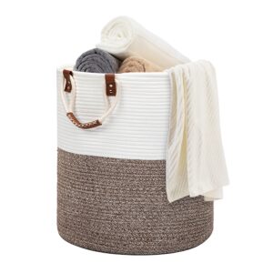 wsnyy cotton rope basket, storage basket, woven laundry hamper, toy storage bin, nursery storage basket, baby bin organizer, white & brown, 13.7x15.7 inches