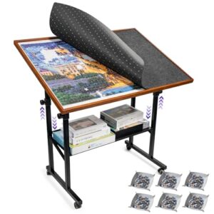 sunix 1500 pieces jigsaw puzzle table with legs, 36"x26" adjustable height puzzle board with cover & 6 sorter tray, 12-tilting-angle portable wooden puzzle table for adults