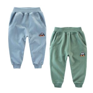 beivslley baby boys 2 pack cotton active jogger pants toddler cute embroidery athletic sweatpants,light blue+green,2-3t