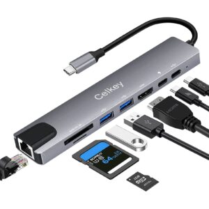 usb c hub celkey 8 in 1 type c adapter with 4k hdmi,ethernet,87w pd charging, 2 usb 3.0 ports, sd/micro sd card reader portable for macbook pro/air,chrome book,ipad pro, xps and more type c devices…