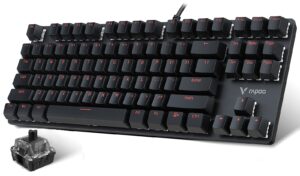 mechanical gaming keyboard, rapoo v500 alloy wired keyboard with black switches for game players, quick response gaming keyboard, anti-ghosting keyboard for windows gaming pc/game laptop, 87 keys