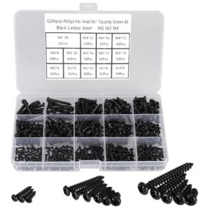 hantof 625pcs m2 m3 m4 phillips pan head self-tapping wood screws,14 sizes cross recessed round head self tapper screws assortment kit for wood,plastic and soft metal,black carbon steel,sharp point