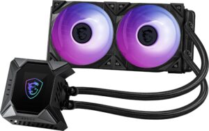 msi mpg coreliquid k240 v2 aio cpu liquid cooler - lcd pump with 60mm fan, 2 x 120mm argb fans, evaporation-proof tubing, gi cooling & mystic light software support - amd & intel socket compatible