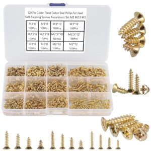 hantof 1200pcs tiny phillips flat head self tapping screws for wood, plastic and soft metal. m2 m2.5 m3 small countersunk tapper screws set for diy micro woodworking furniture box. golden,carbon steel