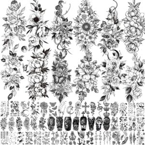 vantaty 61 sheets 3d snake flower temporary tattoos for women girls neck arm, 12 sheets realistic floral fake tattoo stickers thigh, waterproof temp transfer tatoo adults rose sunflower butterfly