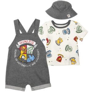 harry potter hogwarts newborn baby boys french terry short overalls t-shirt and hat 3 piece outfit set 3-6 months