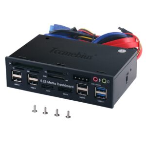 tccmebius tcc-ql5e 5.25 inch pc multifunction dashboard media front panel, with sata e-sata dual usb 3.0 6 port usb 2.0 audio ports and five-in-one card reader