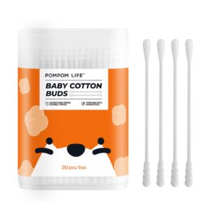 pompom life baby cotton swabs, 210 count, double tipped cotton buds with paper stick, round and spiral, good for baby ear and nose clean