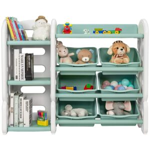 honey joy 4-tier kids toy storage organizer with 6 bins, 2-in-1 toy storage unit with corner bookshelf and removable toy box, toddler furniture for playroom daycare (green)