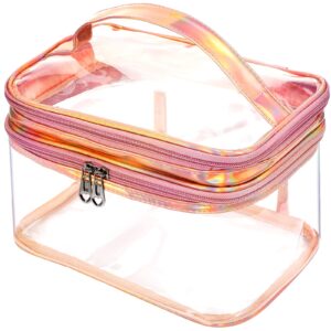 clear makeup bag toiletry organizer waterproof large makeup bag transparent makeup case double layer cosmetic bag multi function travel makeup bag for toiletries makeup travel portable, pink