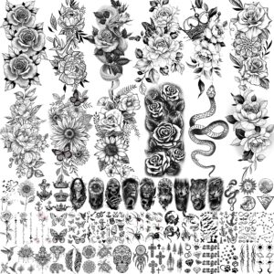 coktak 59 sheets sexy 3d rose flower temporary tattoos for women girls arm neck, snake floral sunflower leaf peony fake tattoo sticker adult, black realistic temp tatoos moon dandelion butterfly thigh